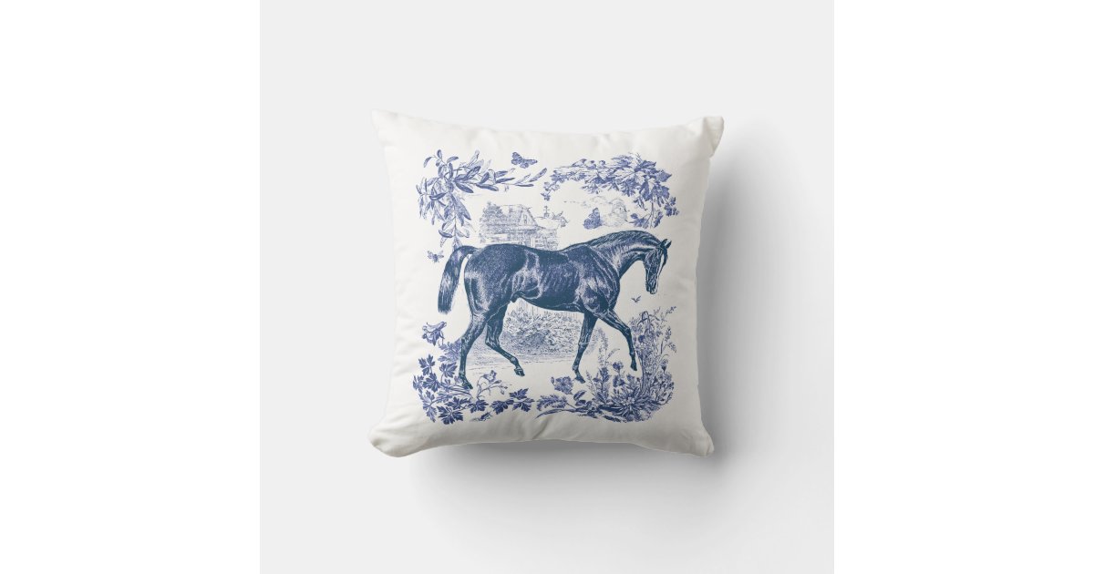 Elegant Vintage Rustic Blue Horse Country Toile Throw Pillow | Zazzle