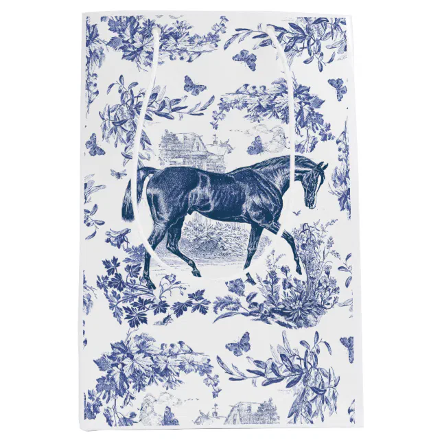 Elegant Vintage Rustic Blue Horse Floral Toile Medium Gift Bag | Zazzle