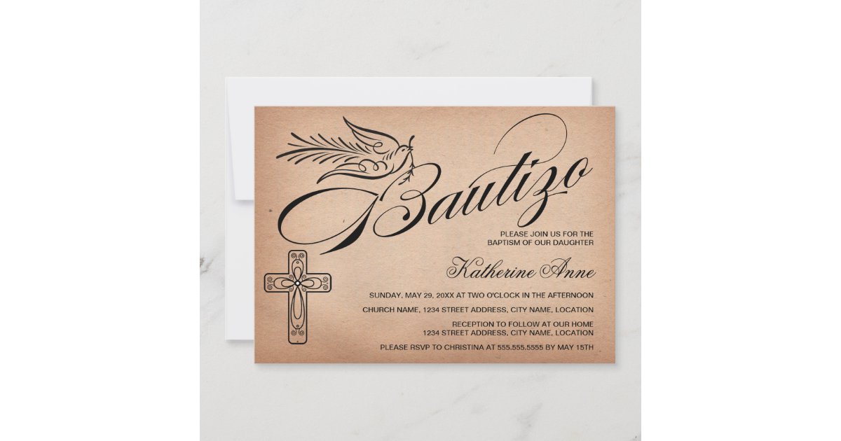 Elegant Vintage Script Cross and Dove Bautizo Invitation | Zazzle