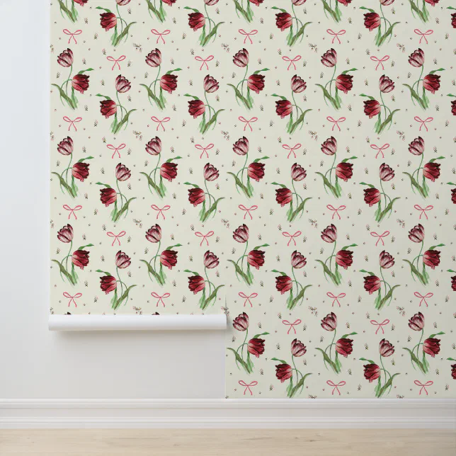 Elegant Vintage Spring Bows Tulips Floral Pattern Wallpaper | Zazzle