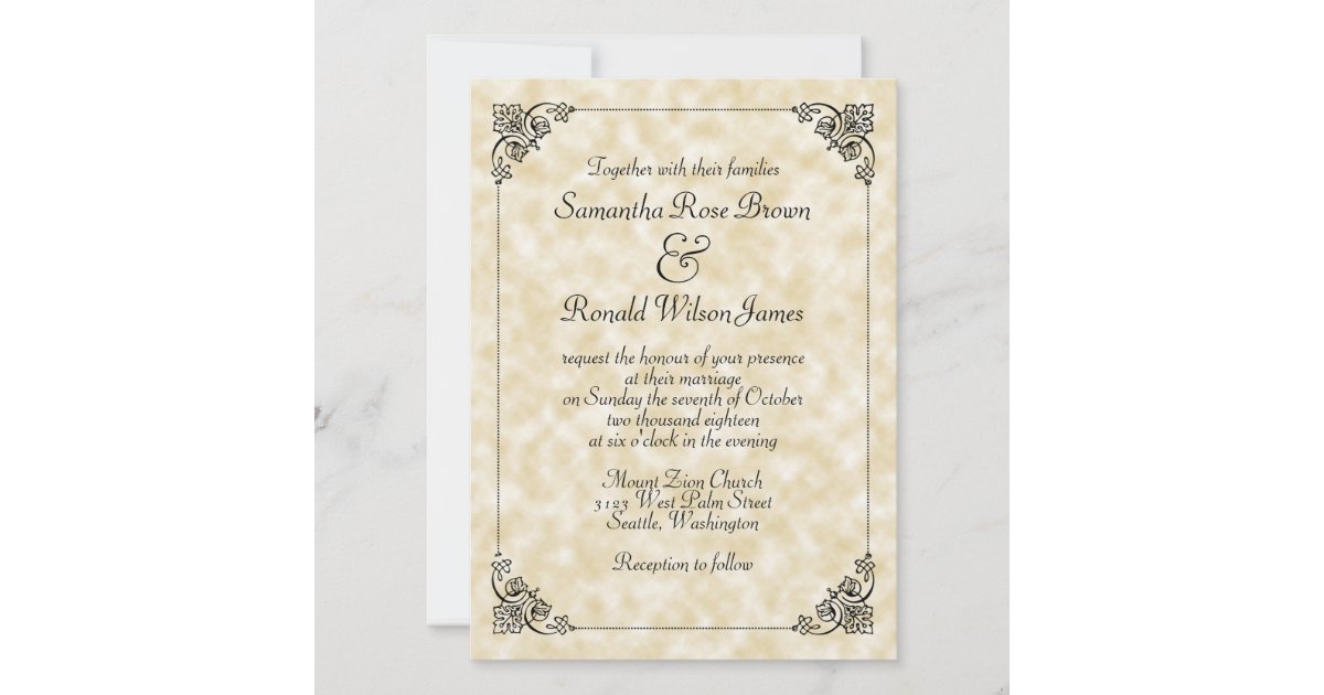 Elegant Vintage Tan Parchment Paper Style Wedding Invitation | Zazzle