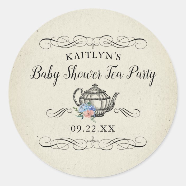 Elegant Vintage Tea Party | Baby Shower Classic Round Sticker | Zazzle.com