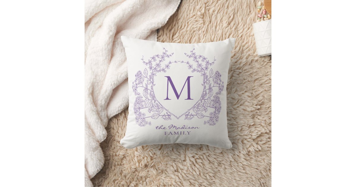 Elegant Vintage Violet Floral Crest Monogram Throw Pillow | Zazzle