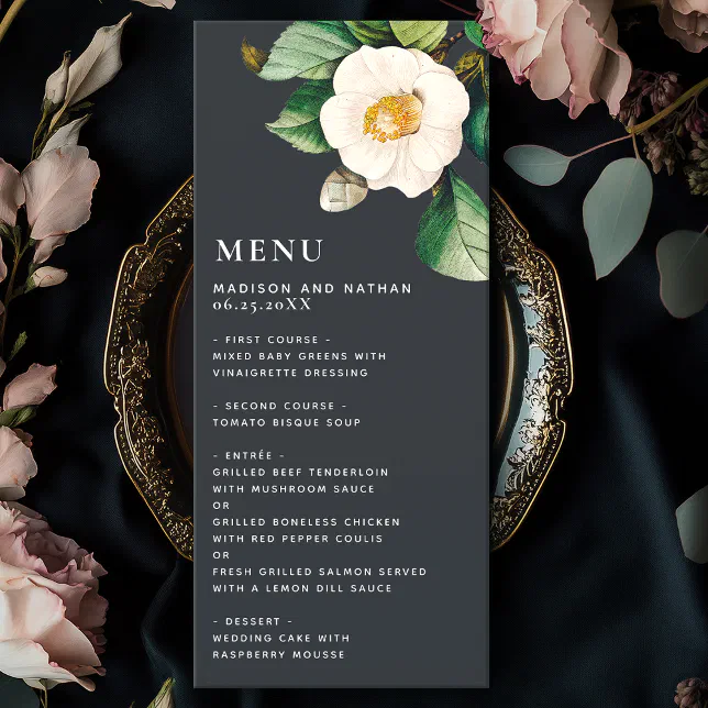 Elegant Vintage White Camellia Wedding Menu | Zazzle