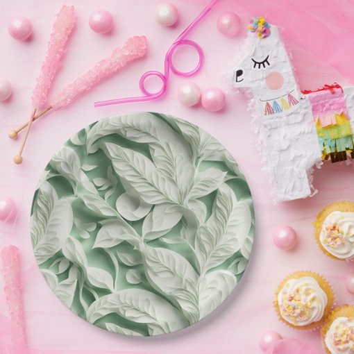 Elegant vintage white green botanical leaf pattern paper plates | Zazzle