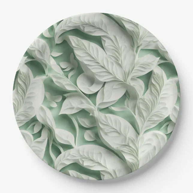 Elegant vintage white green botanical leaf pattern paper plates | Zazzle
