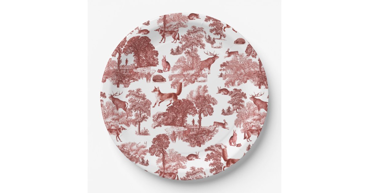 Elegant Vintage Woodland Fox Rabbit Red Toile Paper Plates | Zazzle