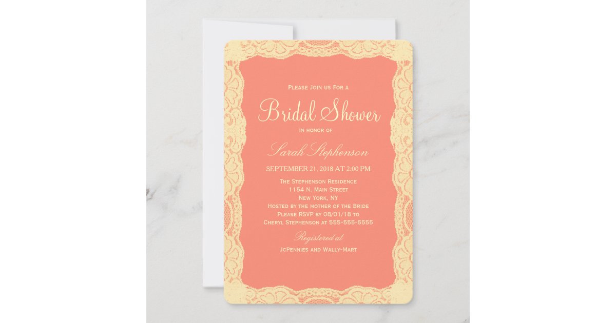 Elegant Vintage Yellow Lace Border & Coral Pink Invitation | Zazzle