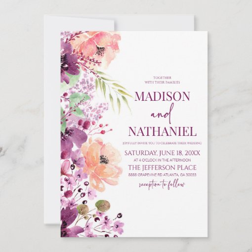 Elegant Violet Purple Pink Floral Flowers Wedding Invitation | Zazzle