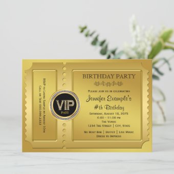 Elegant VIP Golden Ticket Birthday Party Invitation | Zazzle