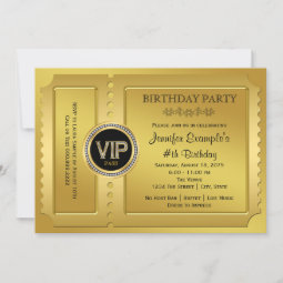 Elegant VIP Golden Ticket Birthday Party Invitation | Zazzle