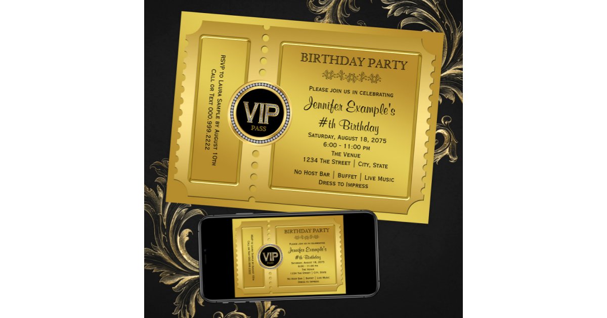 Elegant VIP Golden Ticket Birthday Party Invitation | Zazzle