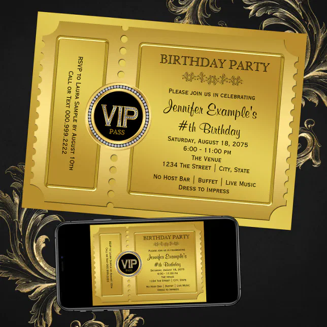 Elegant VIP Golden Ticket Birthday Party Invitation | Zazzle