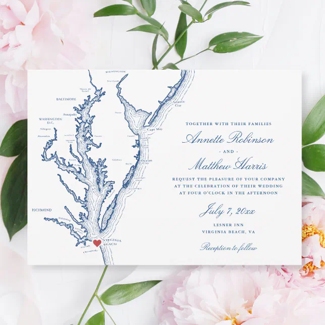 Elegant Virginia Beach Map Wedding Invitation | Zazzle
