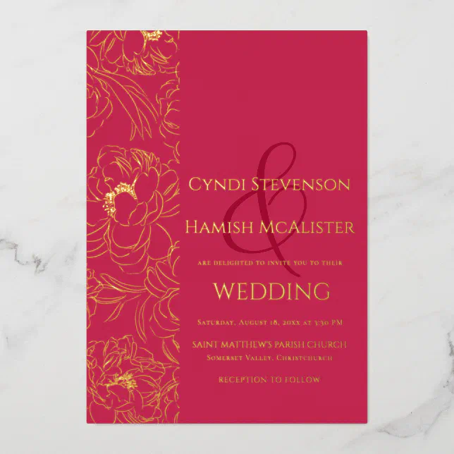 Elegant Viva Magenta Wedding Gold Foil Invitation | Zazzle