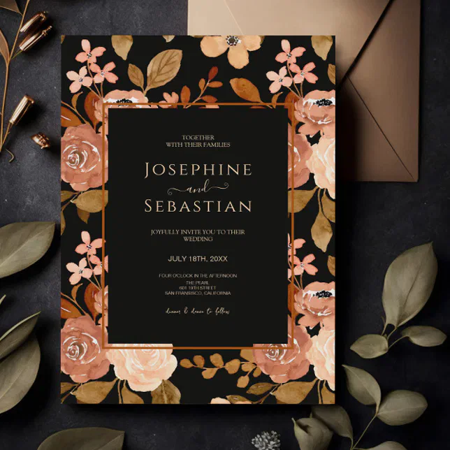 Elegant Watercolor Black Boho Floral Wedding Invitation | Zazzle