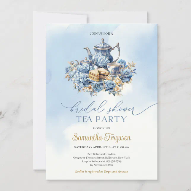 Elegant watercolor blue and gold tea party invitation | Zazzle
