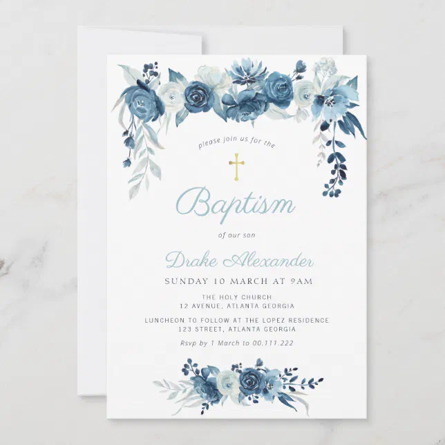 Elegant watercolor blue floral baptism invitation | Zazzle