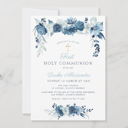 Elegant watercolor blue floral first communion invitation | Zazzle