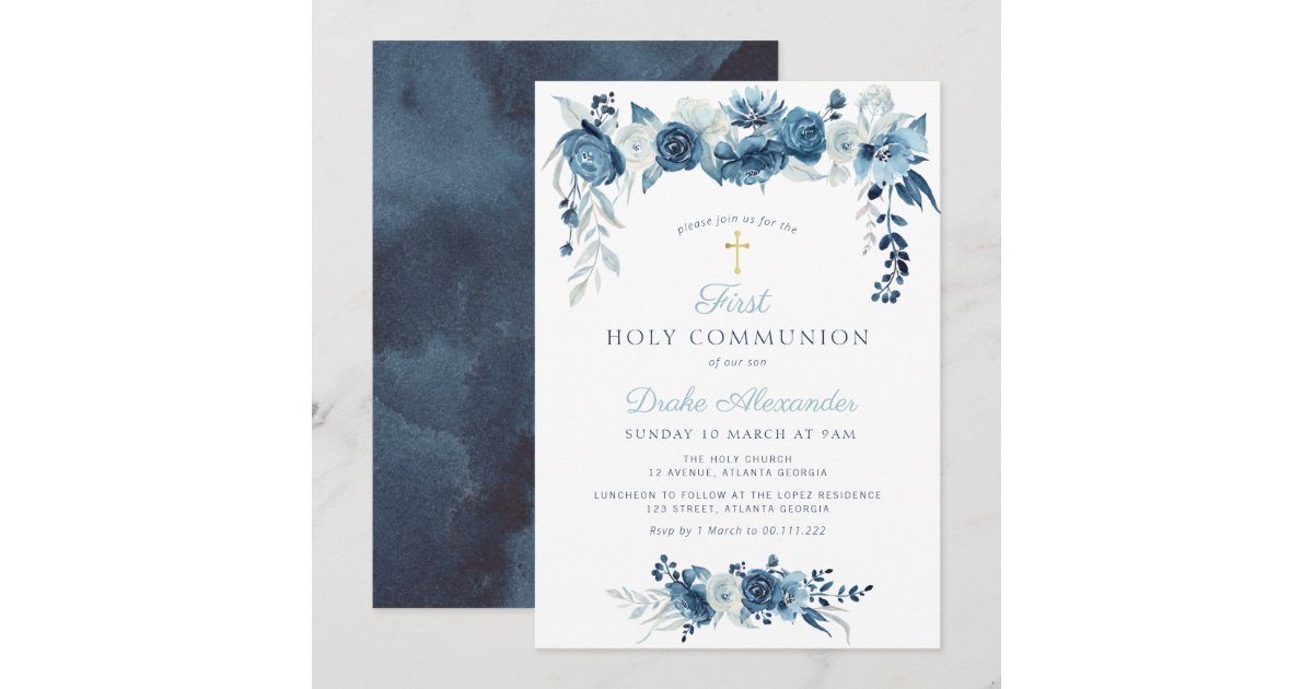 Elegant watercolor blue floral first communion invitation | Zazzle