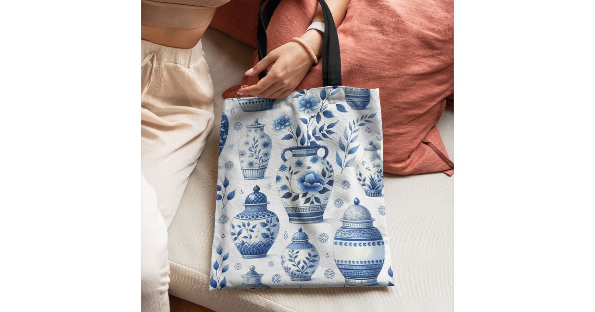 Elegant Watercolor Blue Ginger Jar Pattern Tote Bag | Zazzle