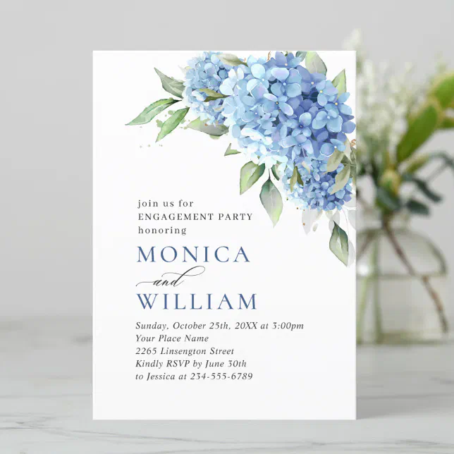 Elegant Watercolor Blue Hydrangea ENGAGEMENT PARTY Invitation | Zazzle