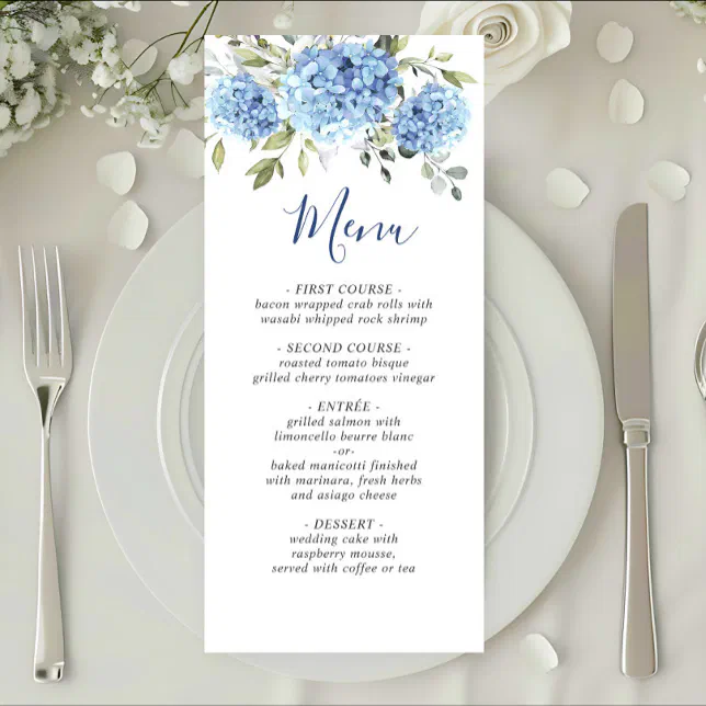 Elegant Watercolor Blue Hydrangea Wedding Menu | Zazzle