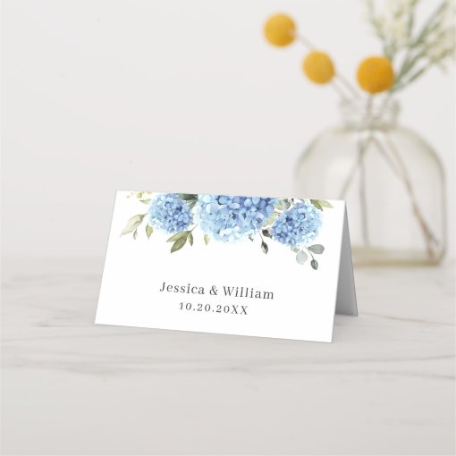 Elegant Watercolor Blue Hydrangea Wedding Place Card | Zazzle