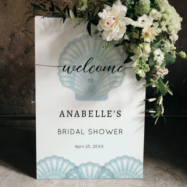 Elegant Watercolor Blue Shell Bridal Welcome Sign | Zazzle