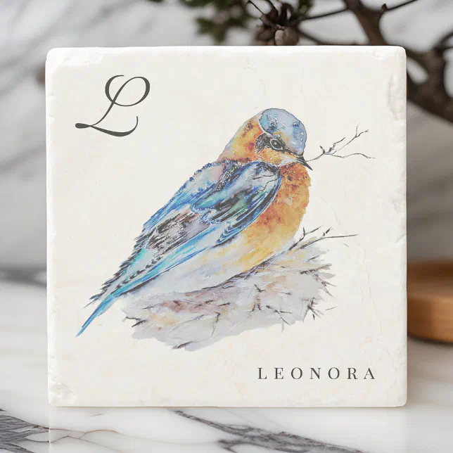 Elegant Watercolor Bluebird Personalize Stone Coaster | Zazzle