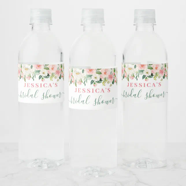 Elegant Watercolor Blush Pink Flowers Floral Water Bottle Label | Zazzle