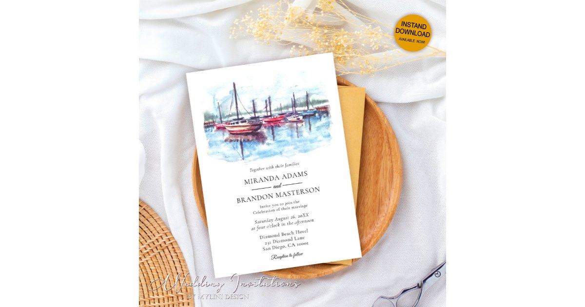 Elegant Watercolor Boat Wedding Invitation | Zazzle