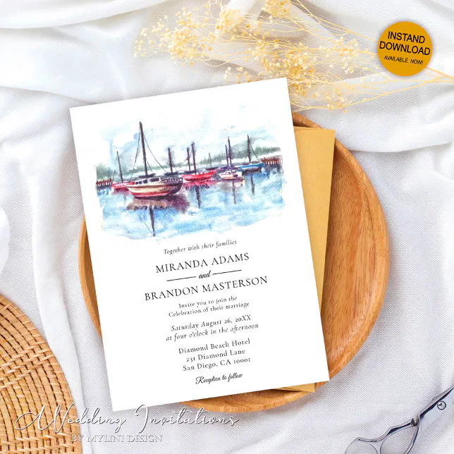 Elegant Watercolor Boat Wedding Invitation | Zazzle