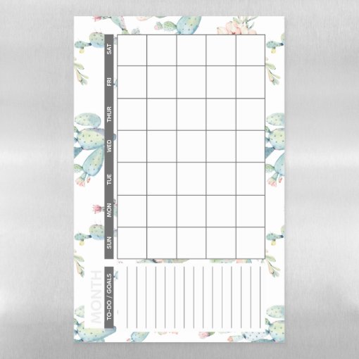 Elegant Watercolor Boho Cactus Monthly Calendar Magnetic Dry Erase ...