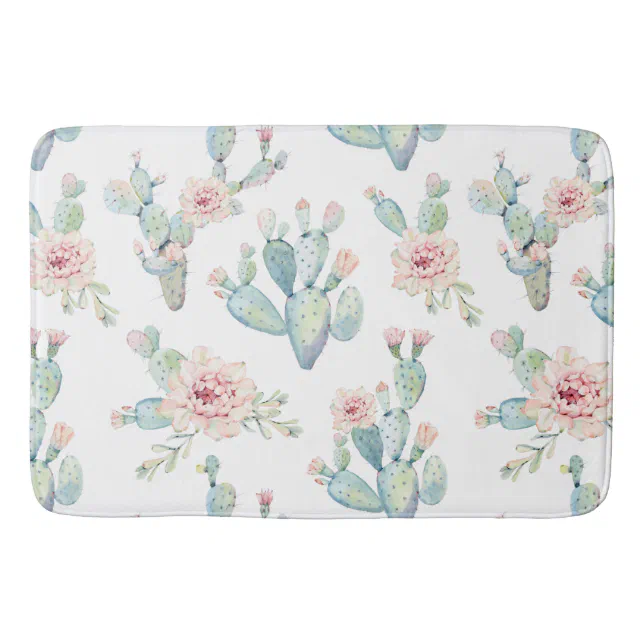 Elegant Watercolor Boho Cactus Pattern Bath Mat | Zazzle
