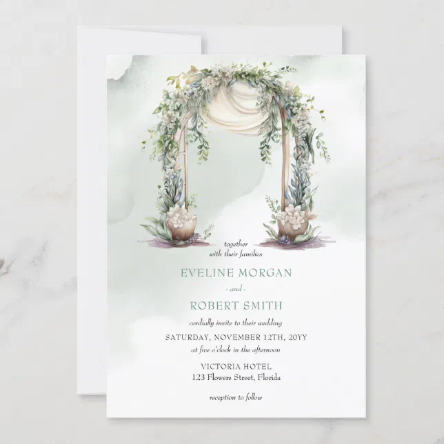 Elegant watercolor boho greenery leafy arch invitation | Zazzle