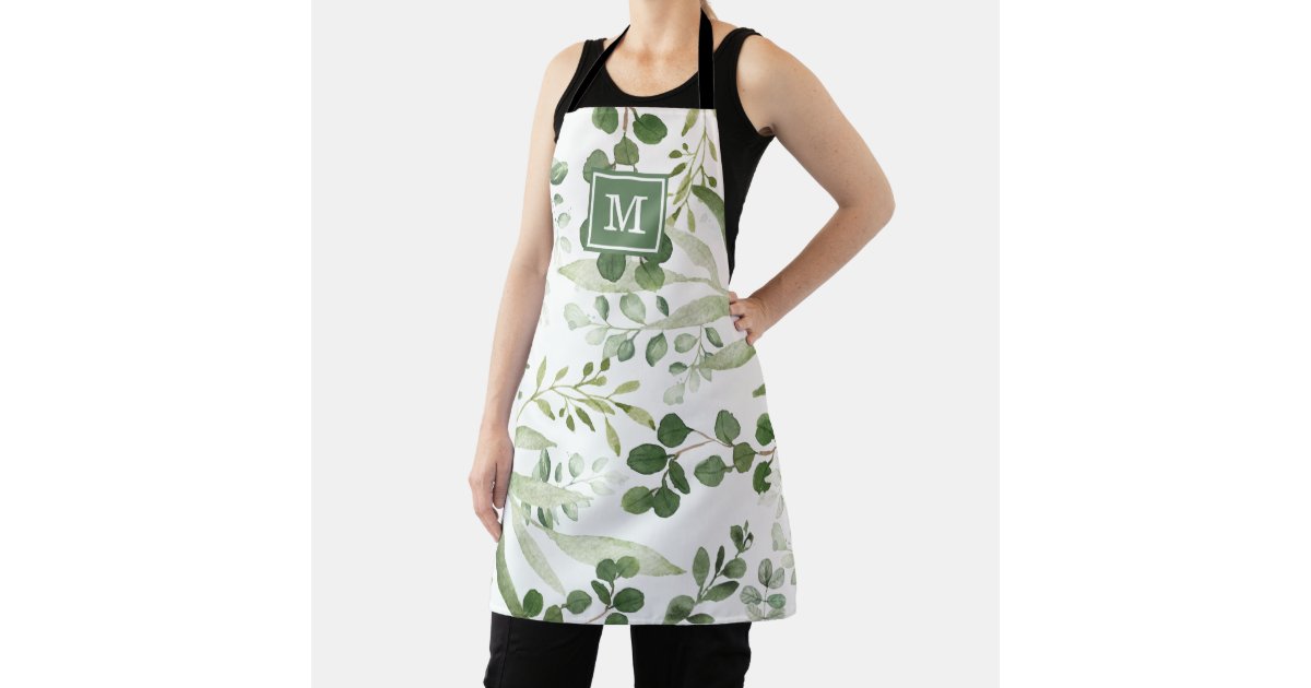 Elegant Watercolor Botanical Greenery Monogram Apron | Zazzle