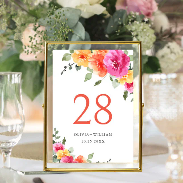 Elegant Watercolor Bright Pink Flowers Wedding Table Number | Zazzle