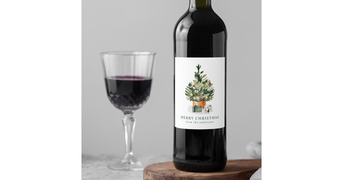 Elegant Watercolor Christmas Tree Wine Label | Zazzle