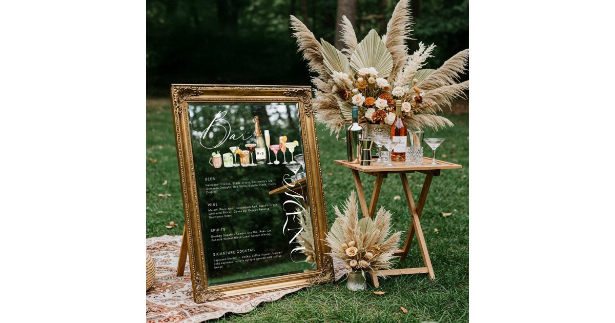 Elegant Watercolor Cocktail Wedding Bar Menu Cling | Zazzle