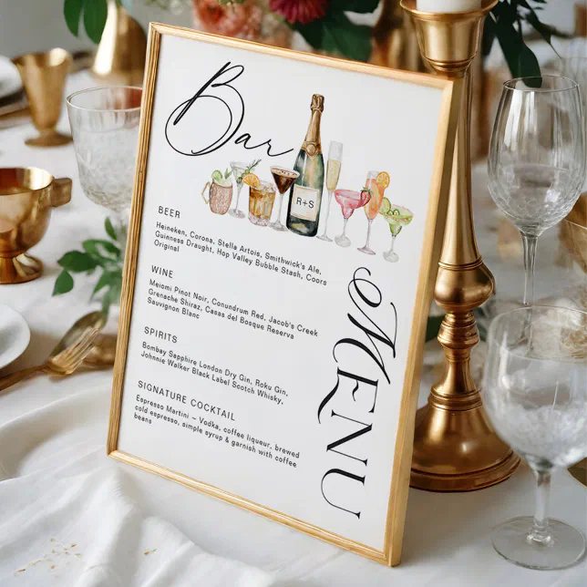 Elegant Watercolor Cocktails Wedding Bar Menu Poster | Zazzle