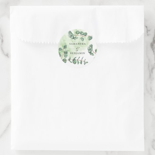 Elegant Watercolor Eucalyptus Wedding Names Classic Round Sticker | Zazzle