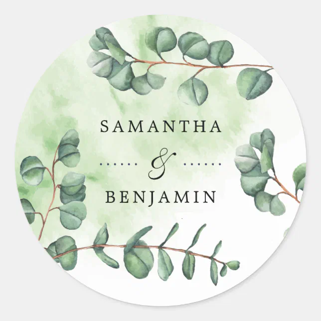 Elegant Watercolor Eucalyptus Wedding Names Classic Round Sticker | Zazzle