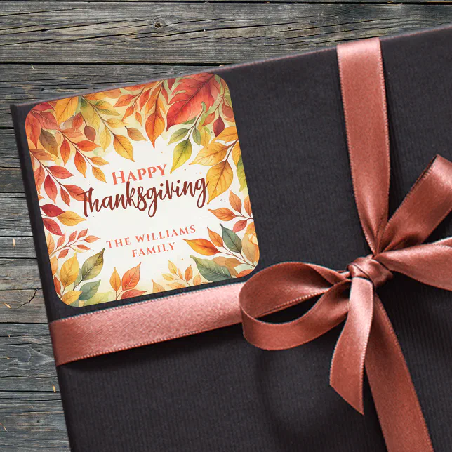 Elegant Watercolor Fall Leaves Border Thanksgiving Square Sticker | Zazzle