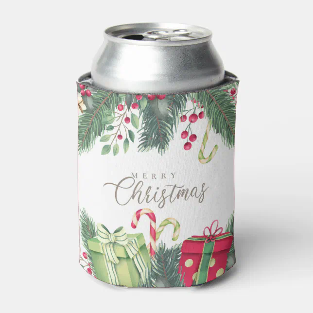 Elegant Watercolor Festive Decorations Christmas Can Cooler | Zazzle