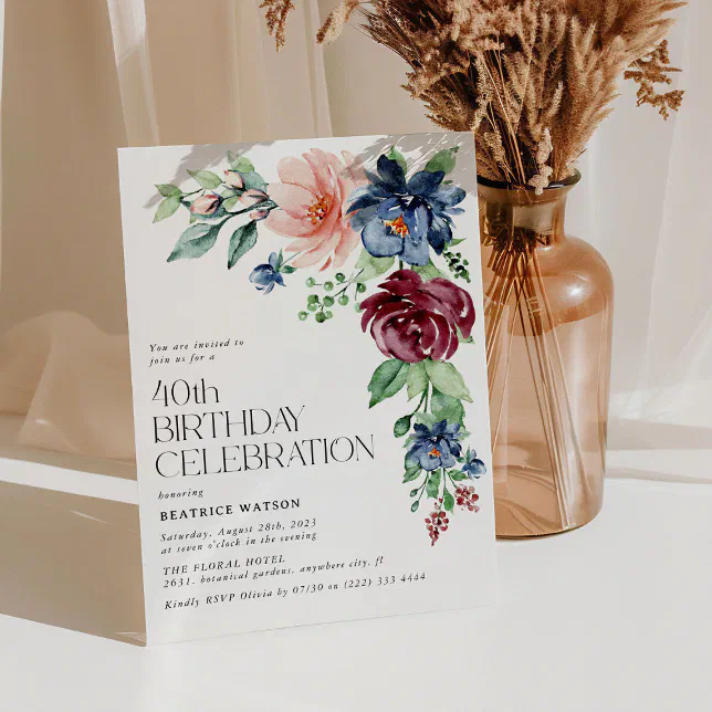 Elegant Watercolor Floral 40th Birthday Invitation | Zazzle