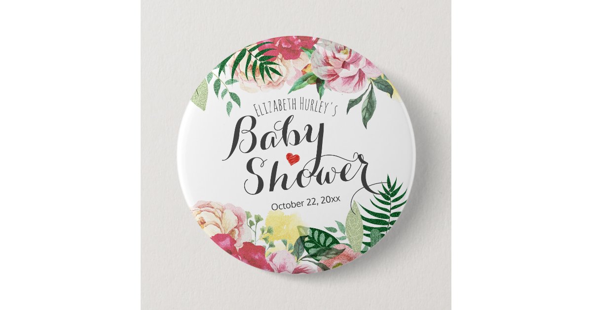 Elegant Watercolor Floral Baby Shower Pinback Button | Zazzle