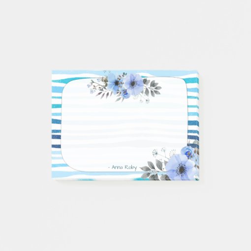 Elegant Watercolor Floral Blue Stripe Post-it-Note Post-it Notes | Zazzle