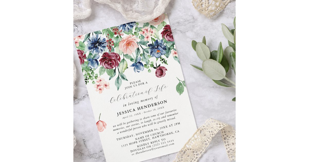 Elegant Watercolor Floral Celebration of Life Invitation | Zazzle