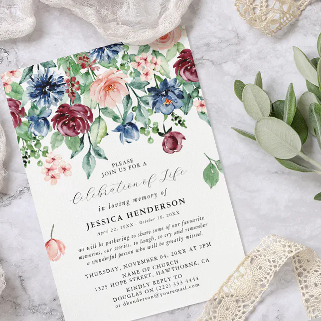 Elegant Watercolor Floral Celebration of Life Invitation | Zazzle